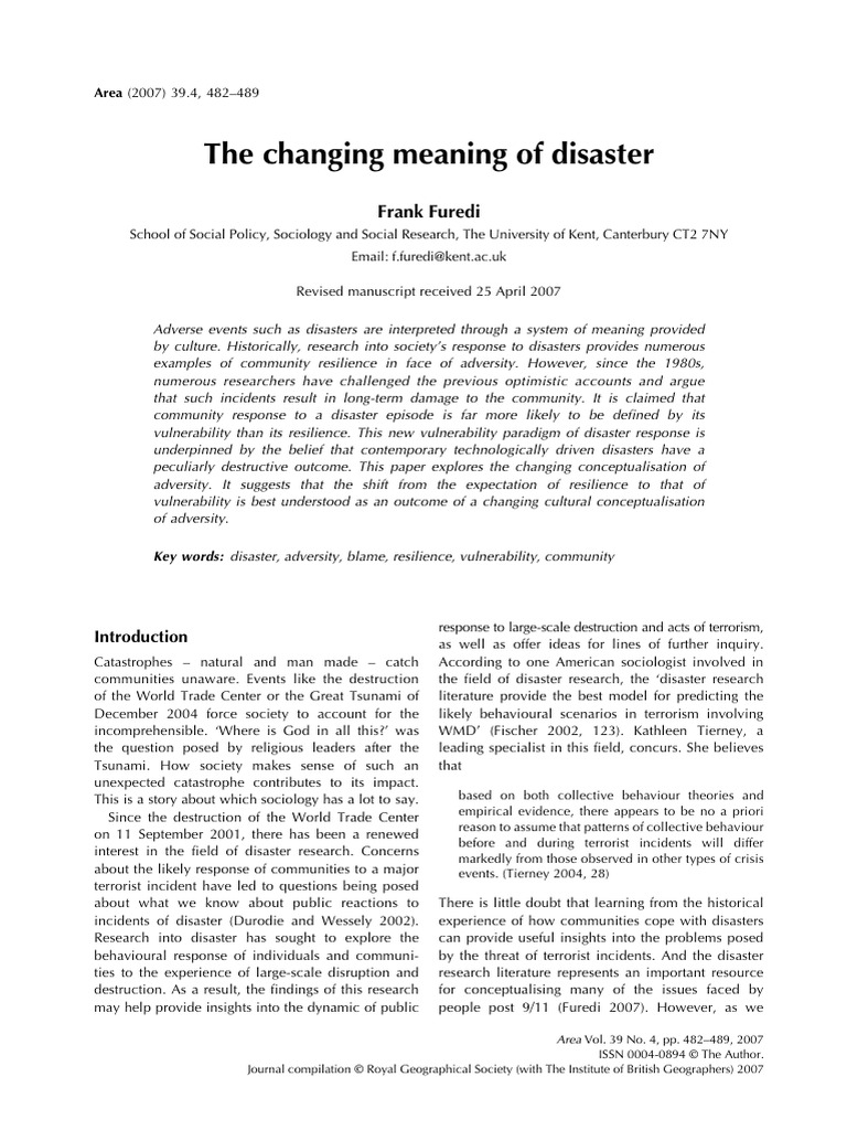 Furedi Disaster | PDF | Vulnerability | Psychological Resilience