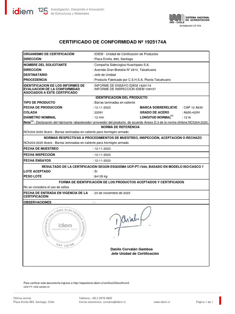 Certificado de Conformidad #1925174A: Investigación, Desarrollo e Innovación de Estructuras y ...