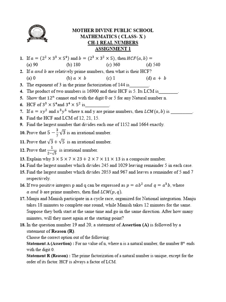 CH 1 Real Numbers Grade X Assignment 20230409002443680 | PDF | Numbers ...