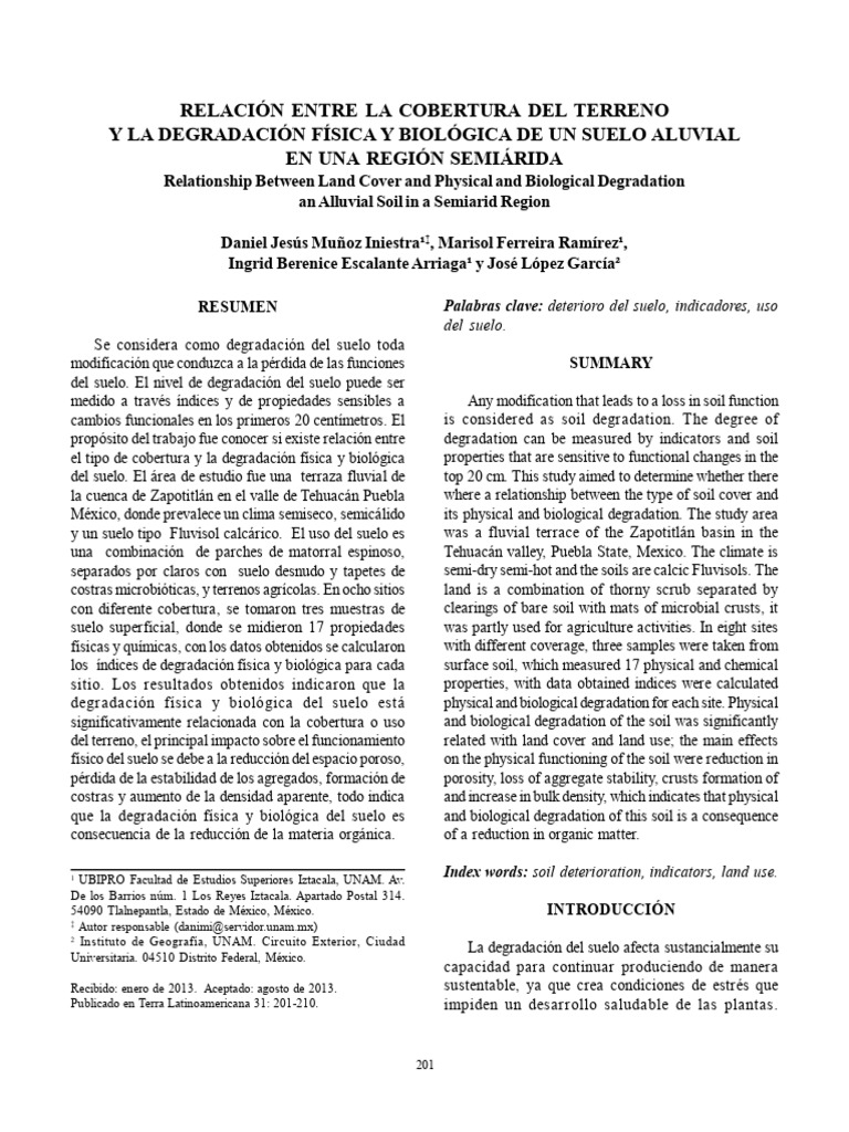Relación Entre La Cobertura Del Terreno y La Degradación Física y Biológica de Un Suelo Aluvial ...