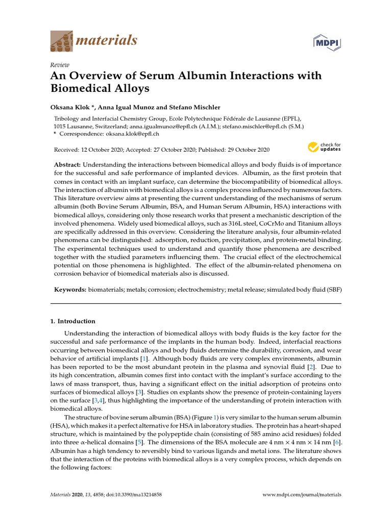 An Overview of Serum Albumin Interactions With Biomedical Alloys | PDF ...