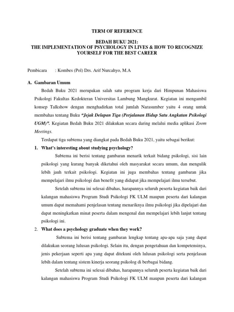 ToR Pemateri - Kombes (Pol) Drs. Arif Nurcahyo, M | PDF