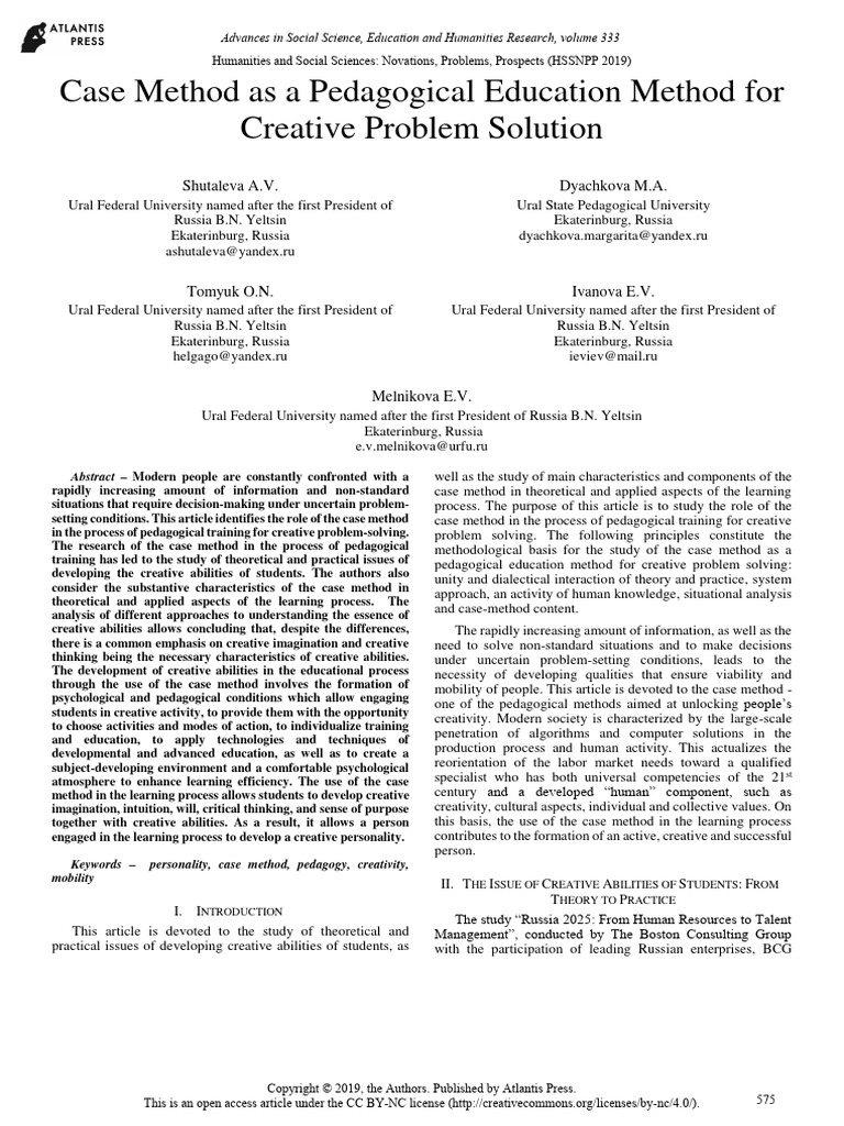 Case Method As A Pedagogical Education Method For Creative Problem Solution | PDF | Creativity ...