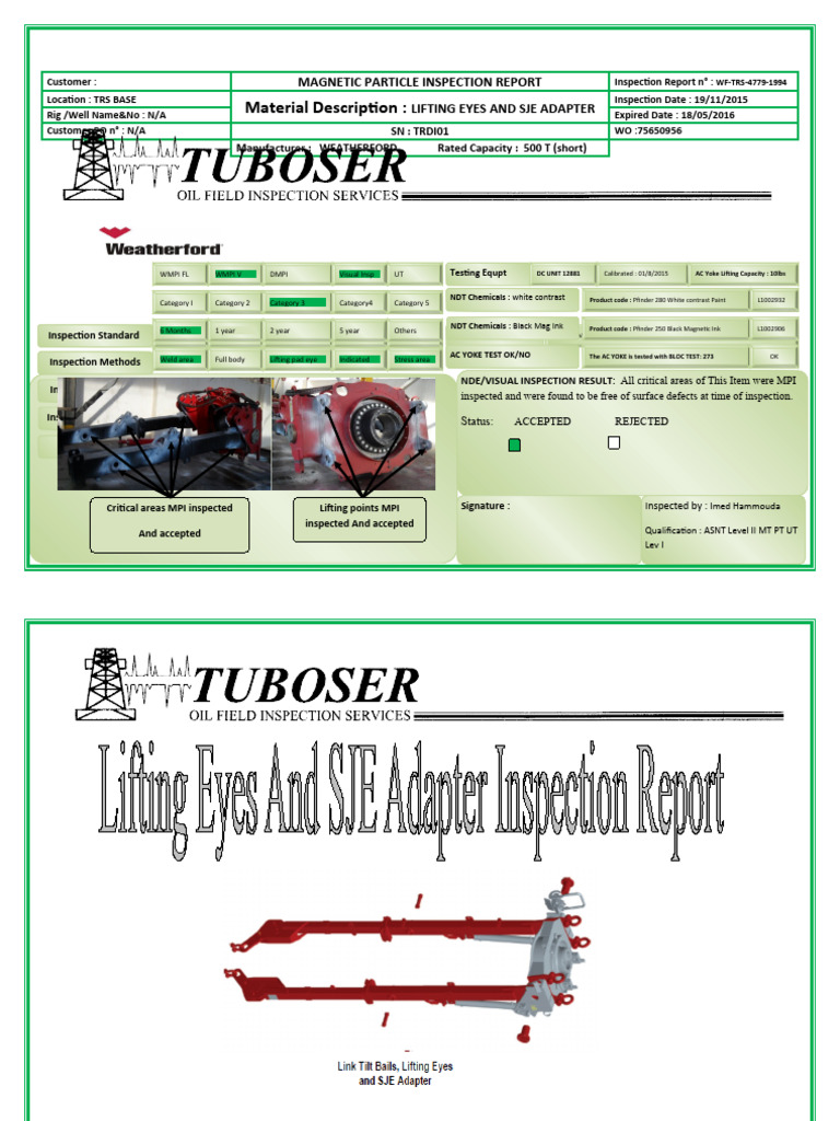 Mpi Report With Ac Yoke Lifting Eyes and Sje Adapter | PDF ...