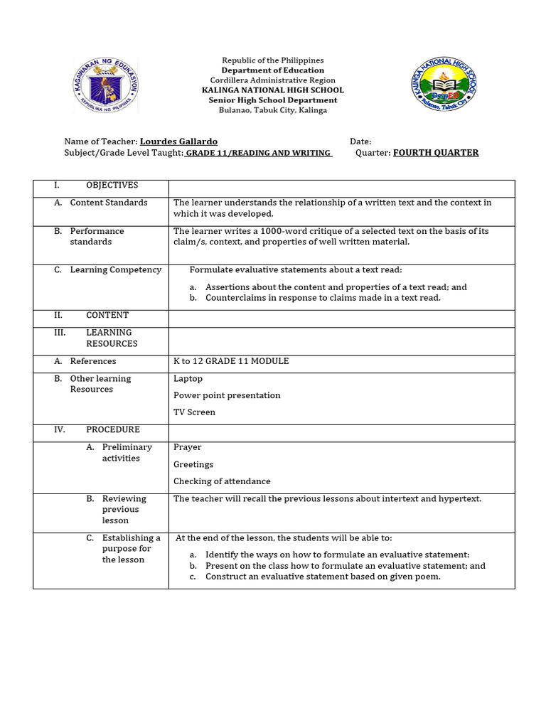 Formulating Evaluative Statements | PDF | Poetry | Learning