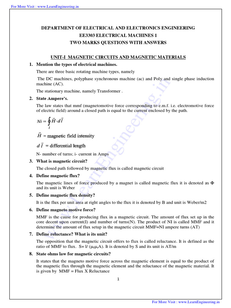 Ee3303 QB 02 2 Mark | PDF | Transformer | Electromagnetic Induction