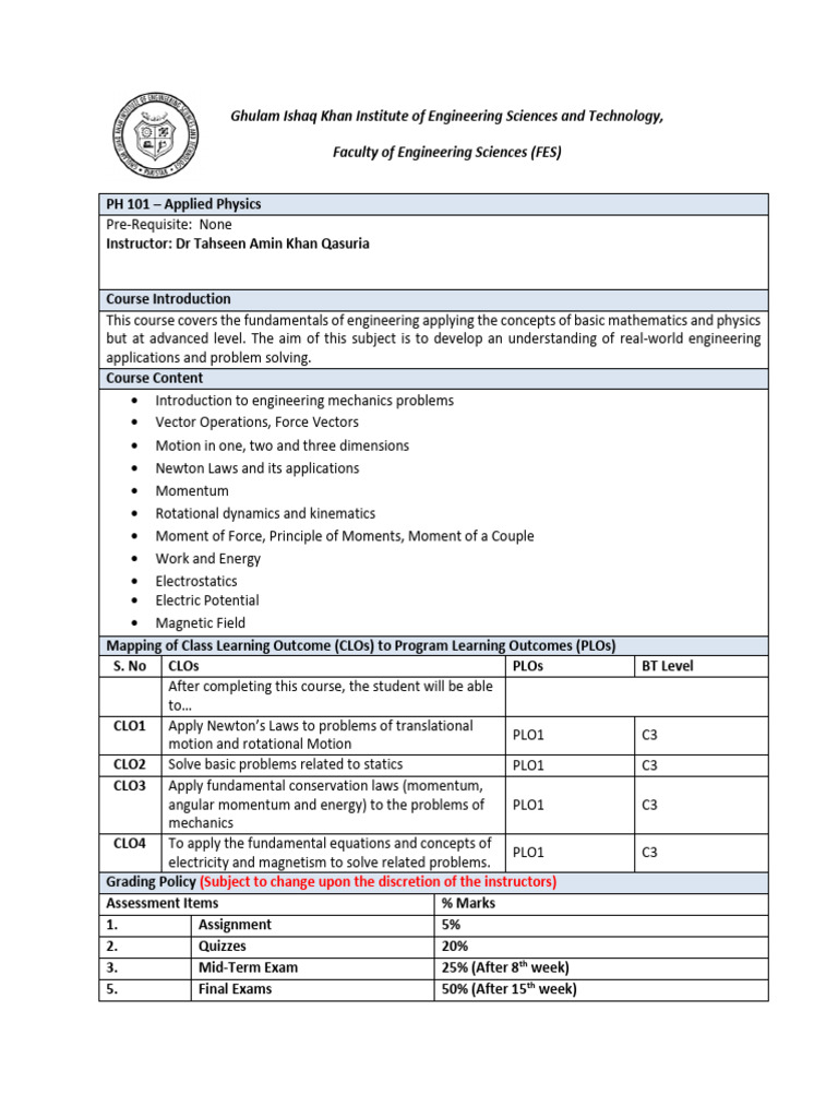 PH101 Applied Physics Outline | PDF | Rotation Around A Fixed Axis | Force