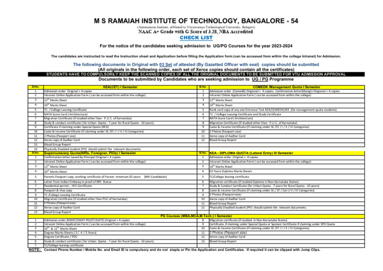 Admission Document Checklist for UG/PG 2023 | PDF