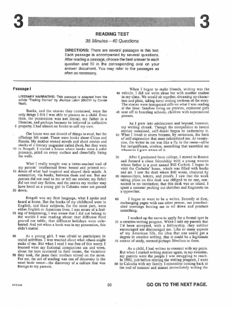 ACT Reading Assignment (Beginners and Advanced) | PDF