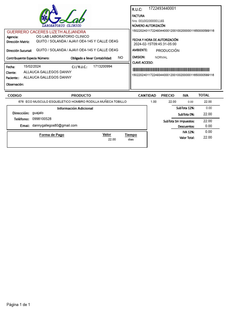 Factura Clínica OG LAB Quito 2024 | PDF | Economias | Pagos
