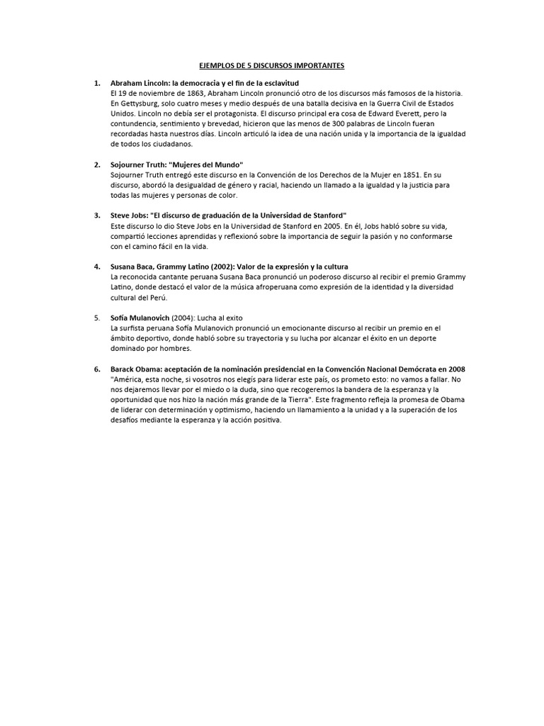 Ejemplos de 5 Discursos Importantes | Descargar gratis PDF | Barack ...