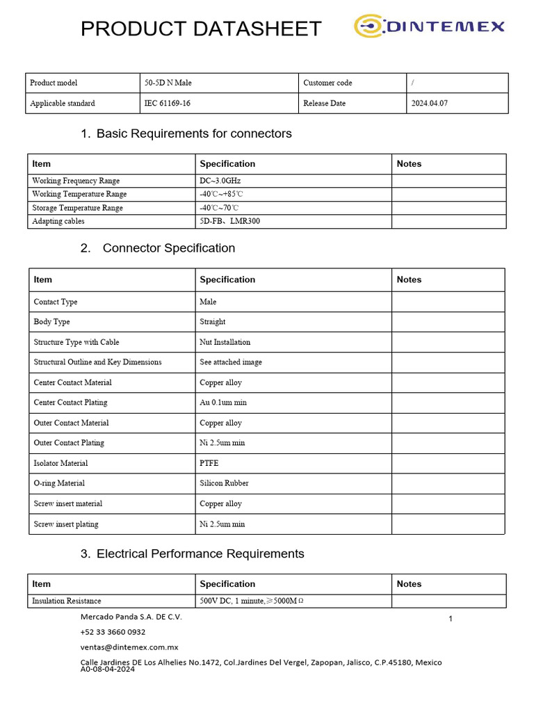 50-5D N Male Connector | PDF | Electrical Connector | Electromagnetism
