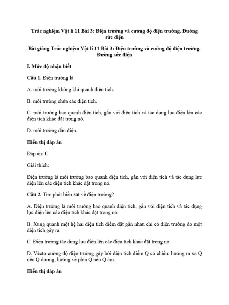 Trac Nghiem Dien Truong Va Cuong Do Dong Dien Truong Duong Suc Dien Co ...