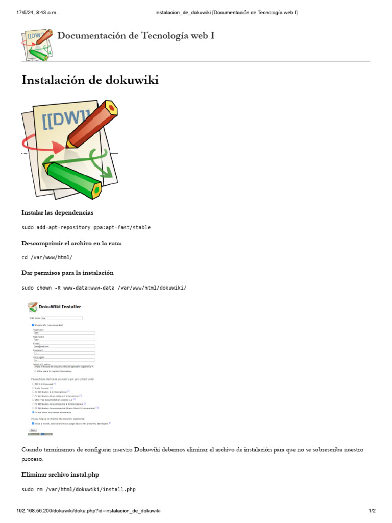 Instalacion - de - Dokuwiki (Documentación de Tecnología Web I) | PDF | Hogar, jardinería y ...