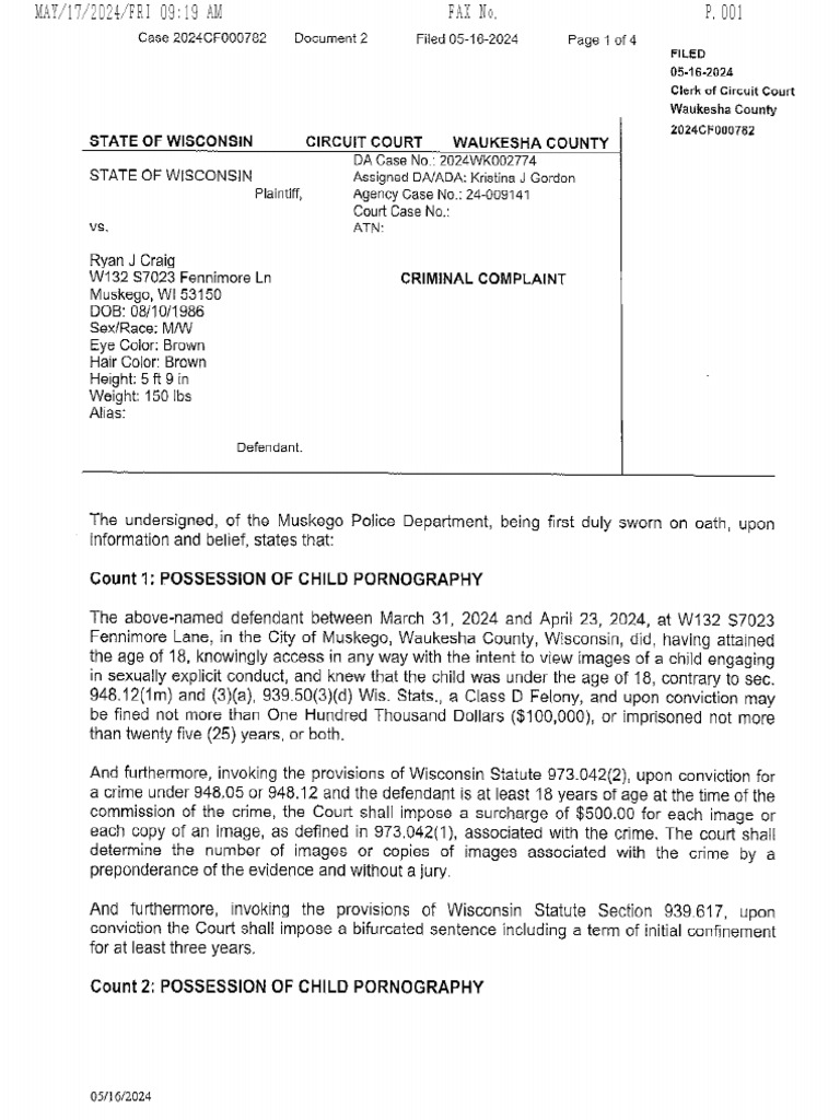 Criminal Complaint For Ryan Craig | PDF