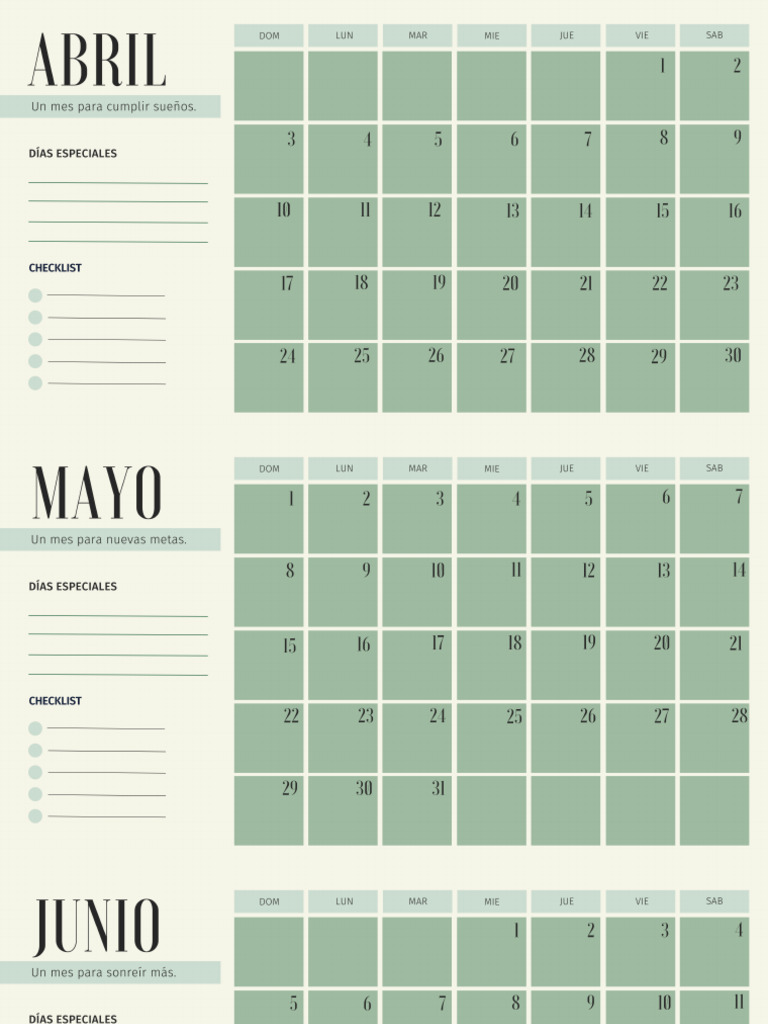Calendario de Tres Meses para Imprimir para Hombre y Mujer Formal Tonalidades de Verde | PDF