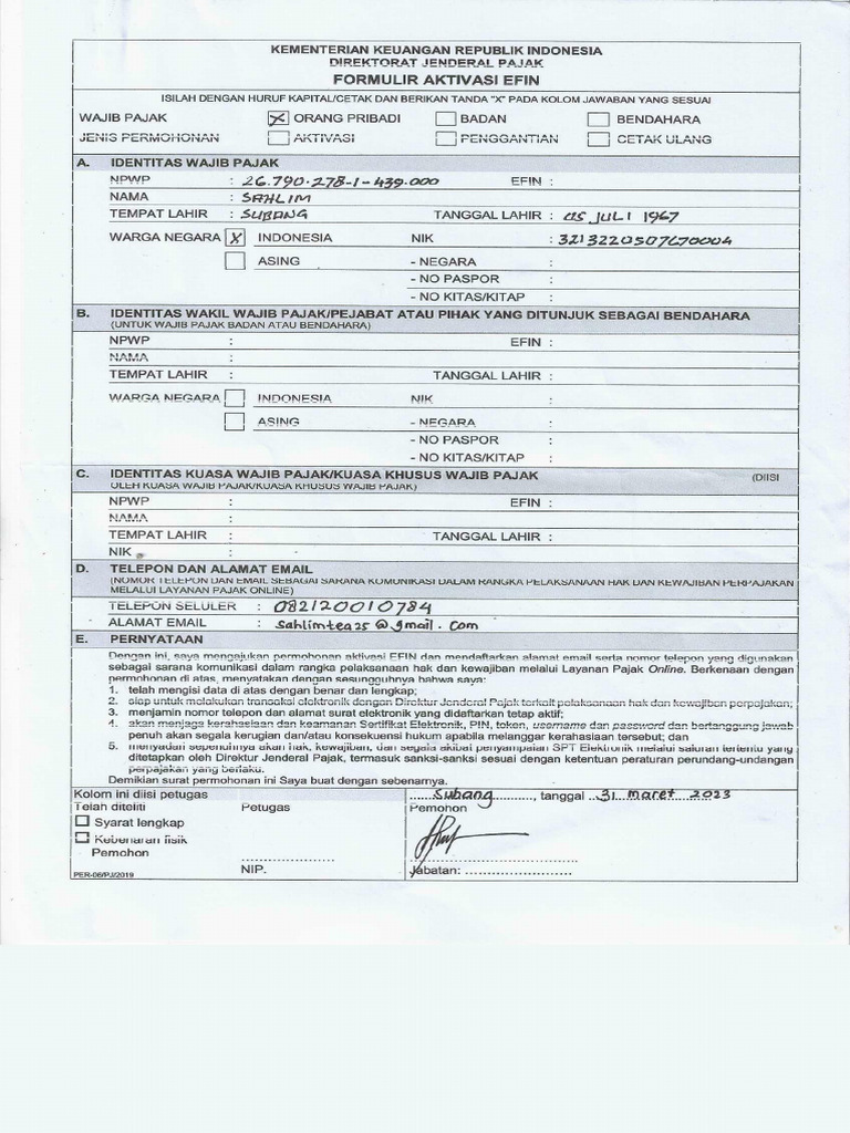 Formulir Permohonan Cetak Ulang EFIN 1 - 0001 | PDF