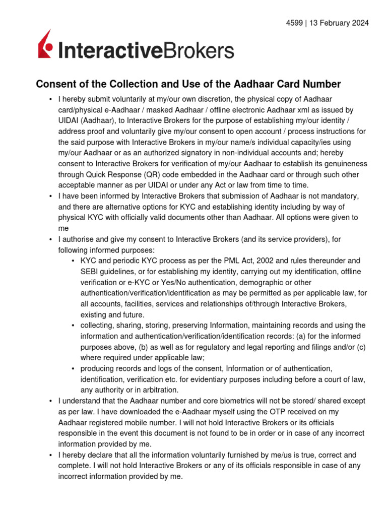 Consent of The Collection and Use of The Aadhaar Card Number | PDF ...