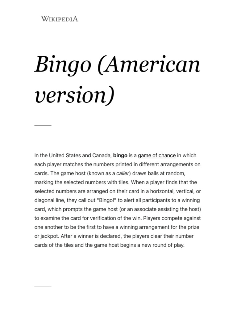 Bingo (American Version) - Wikipedia | PDF | Gaming | Games Of Chance