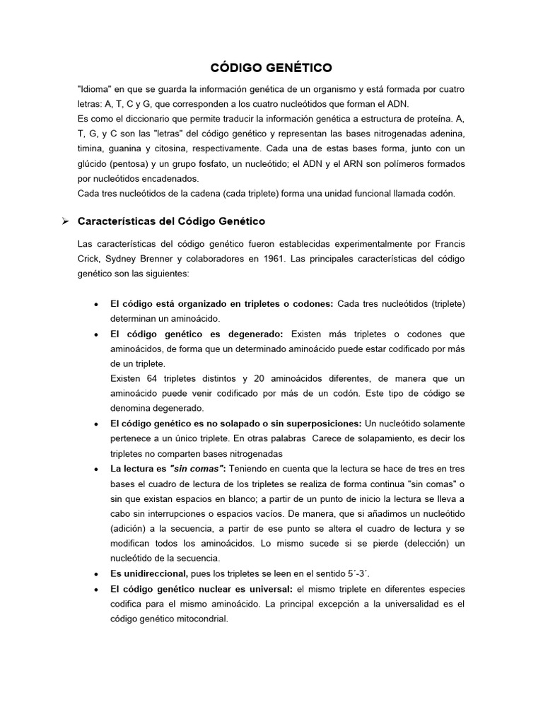 Características del Código Genético | PDF | Codigo genetico | Genética
