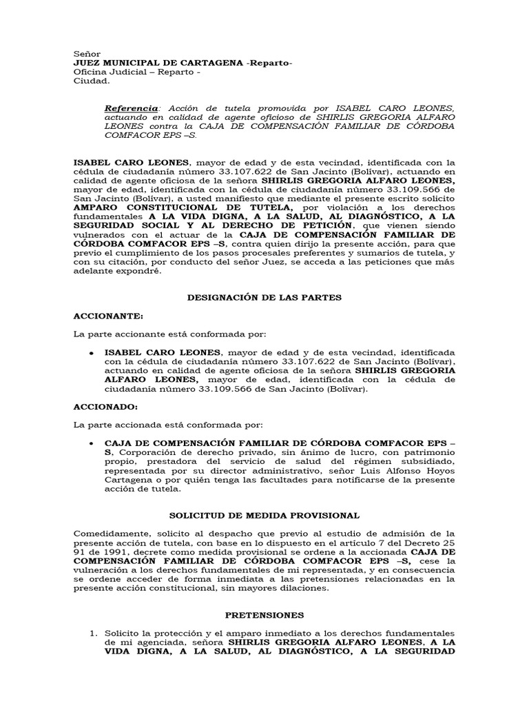 Acción de Tutela Contra Comfacor | PDF | Derecho Constitucional | Estado (política)