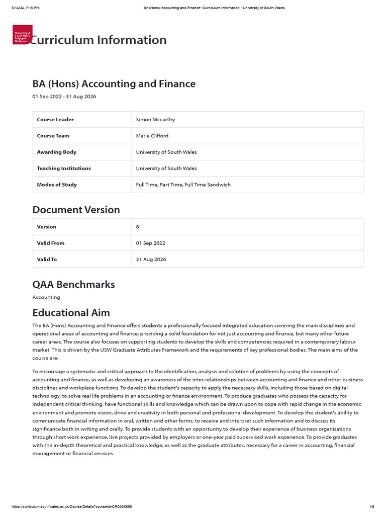BA (Hons) Accounting and Finance | PDF | Lecture | Accounting