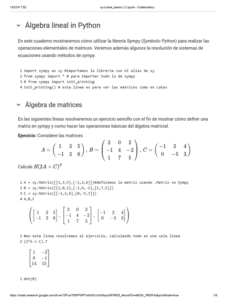 Sy-Lineal - Basico (1) .Ipynb - Colaboratory | PDF | Matriz (Matemáticas) | Álgebra lineal