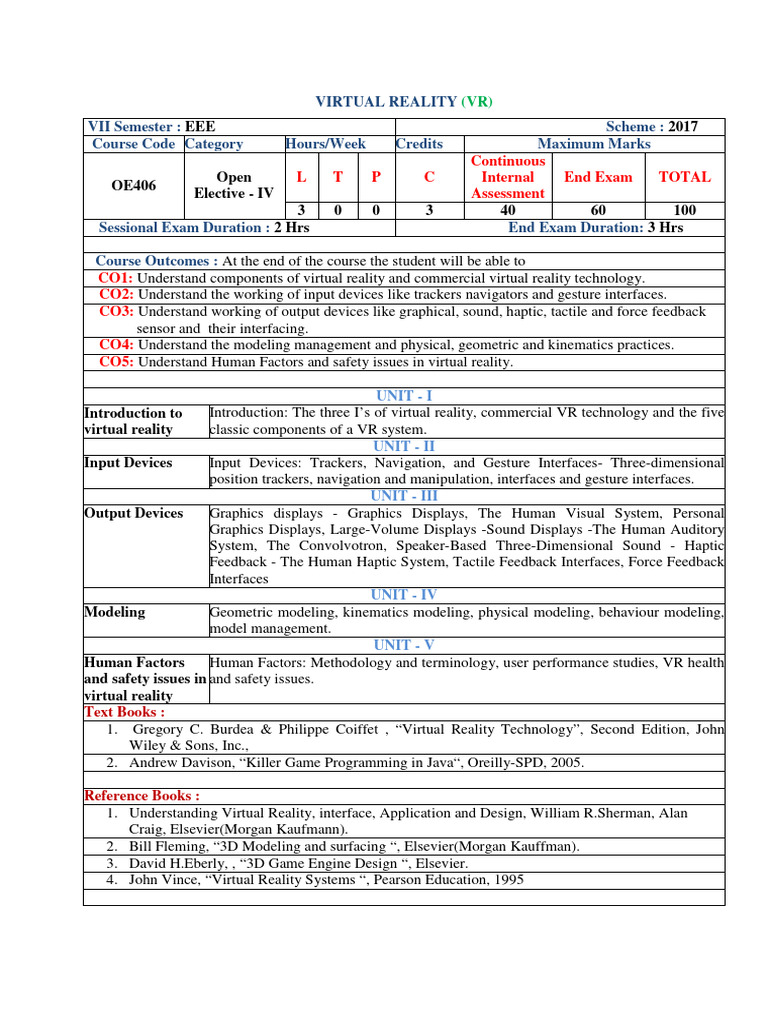 Virtual Reality Course Overview EEE VII Sem | PDF | Virtual Reality | User Interface