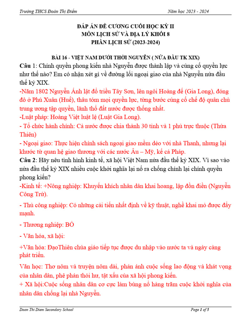 Lịch Sử 8-Đa Đề Cương Hkii (23-24) | PDF