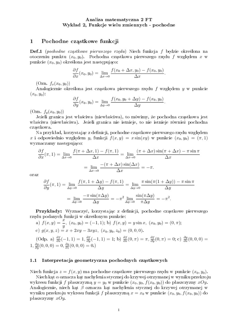 Wykład 2 - Pochodne Funkcji Wielu Zmiennych | PDF