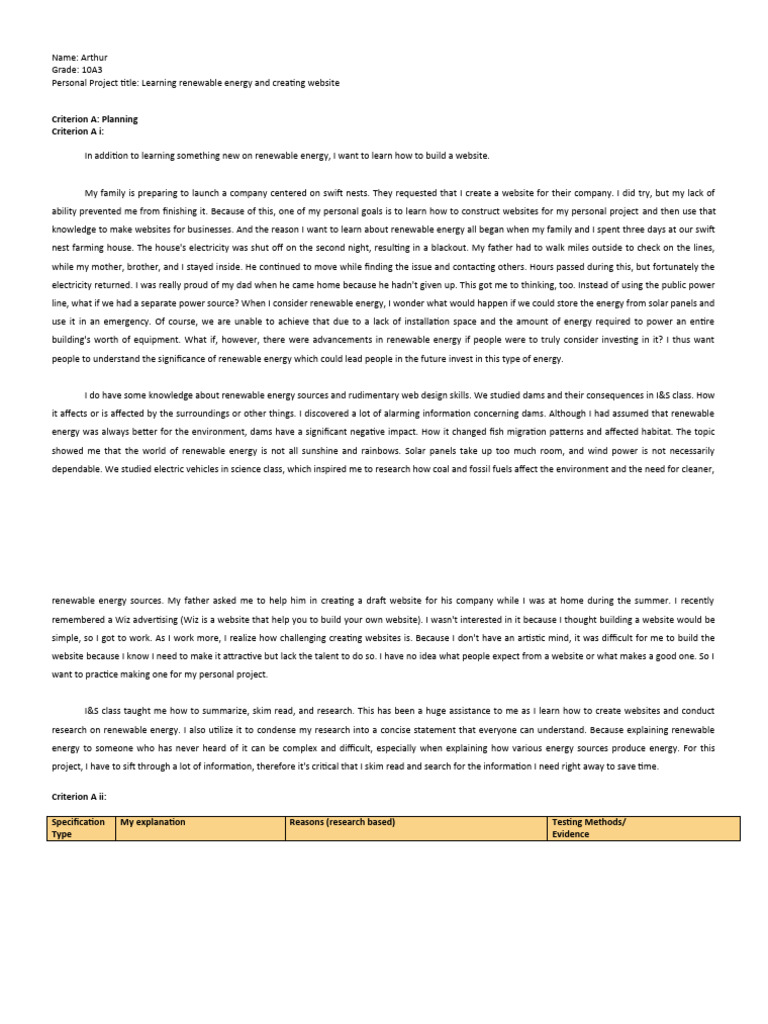 Arthur 10A3 Personal Project Report A B and C Final | PDF | Target ...