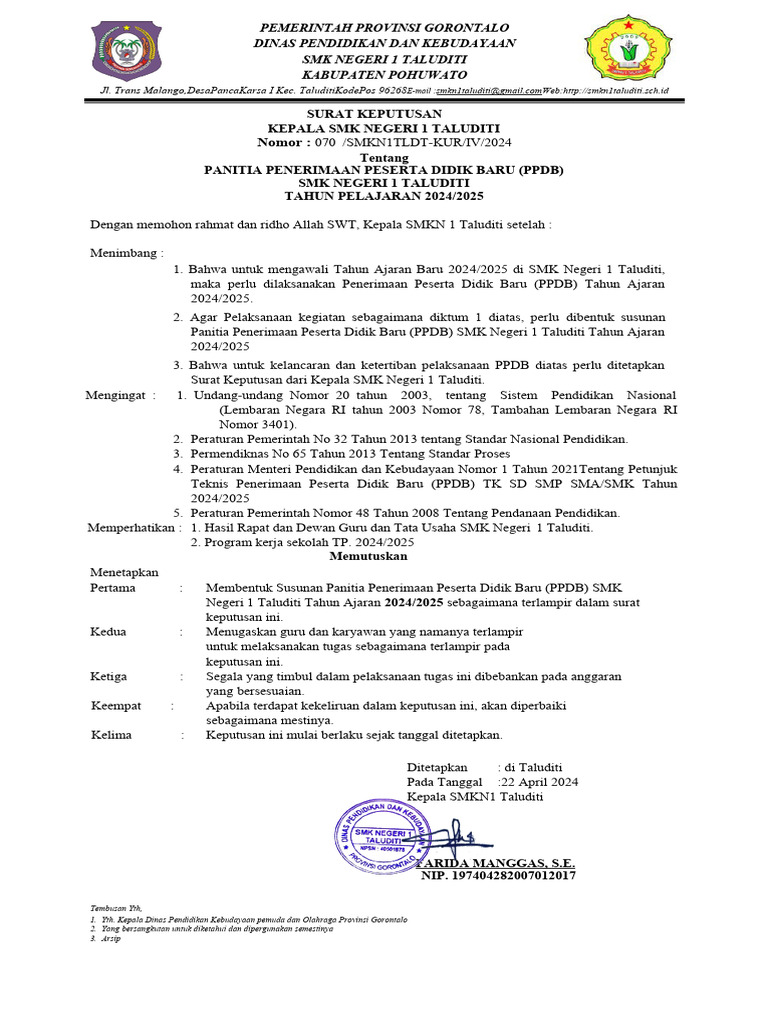 SK PPDB 2024 SMKN 1 TALUDITI | PDF