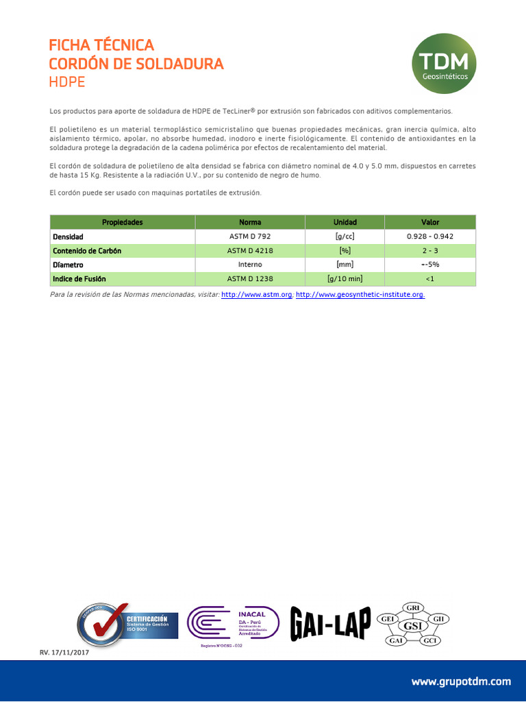 Ficha Técnica - Cordon de Soldadura HDPE | PDF