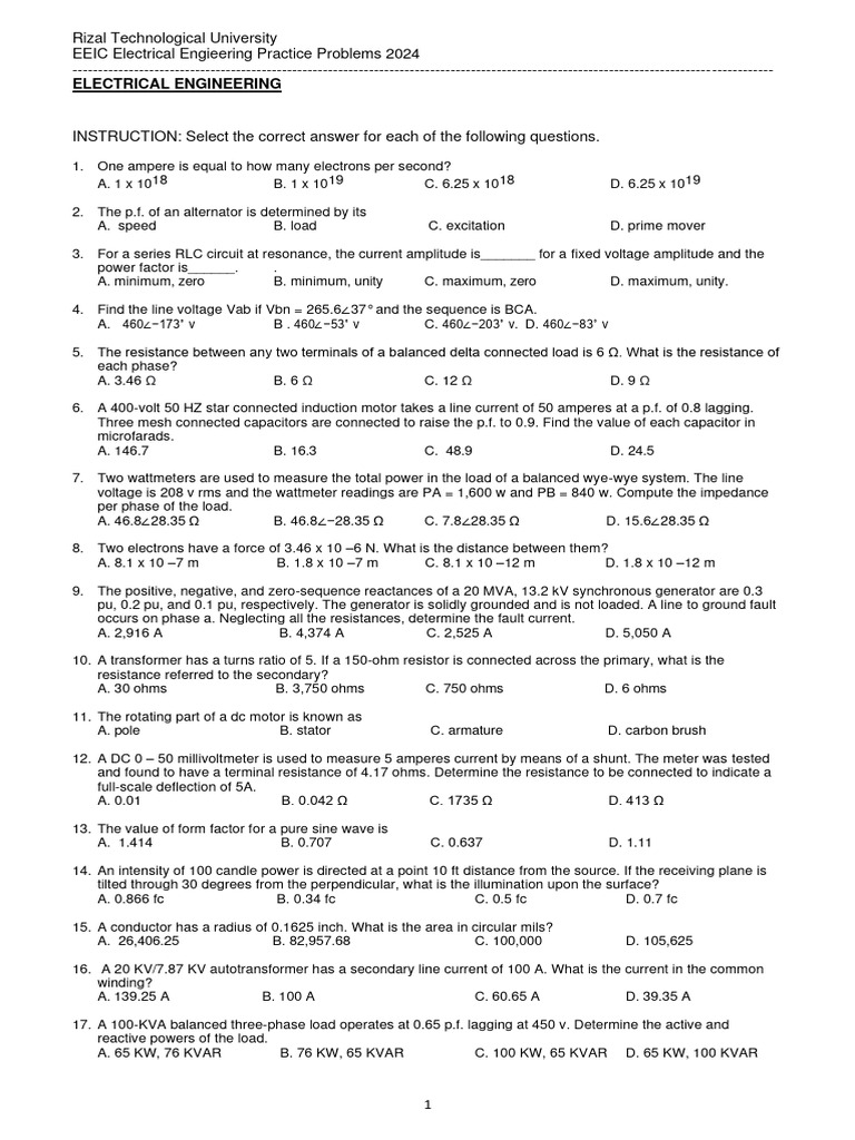 [Part1] EEIC PRACTICE PROBLEMS 2024 - EE | PDF | Capacitor | Electric Motor
