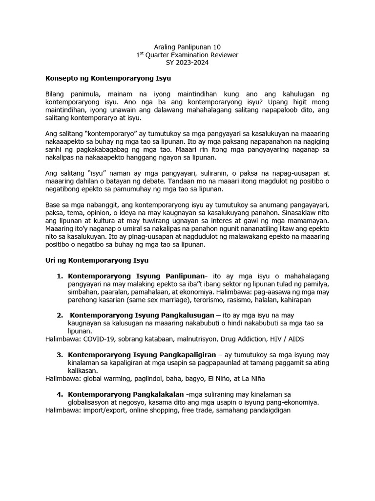 AP 10 1st Q Reviewer SY 23 24 | PDF