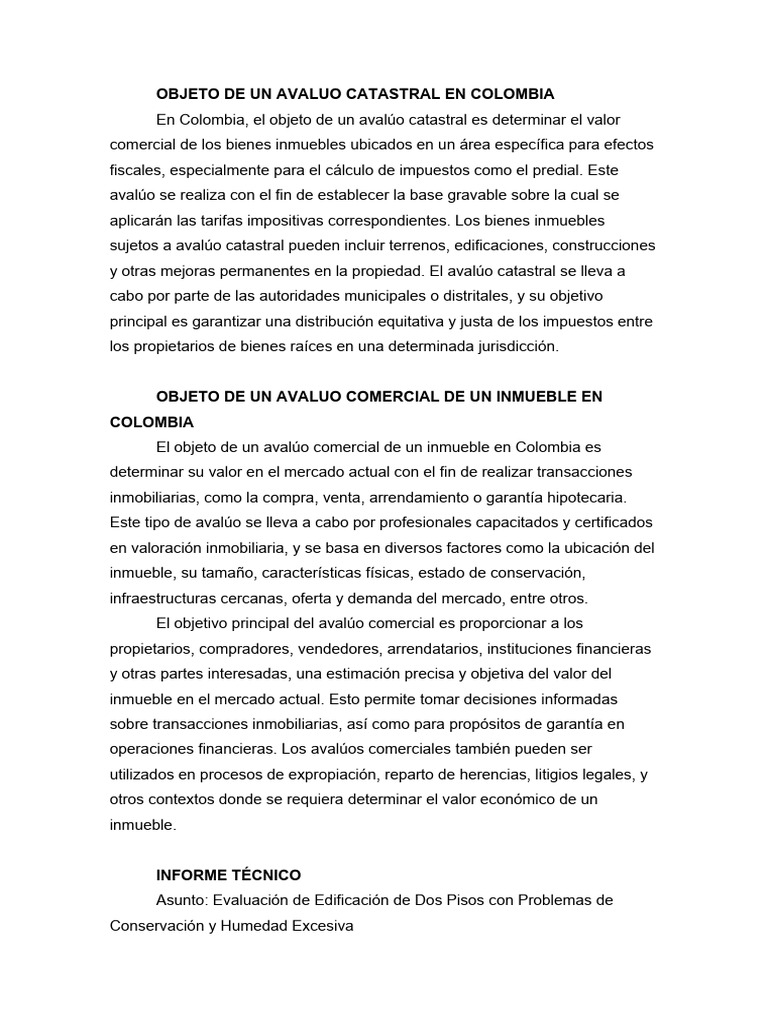 Objeto de Un Avaluo Catastral en Colombia e Informe Tecnico | PDF ...