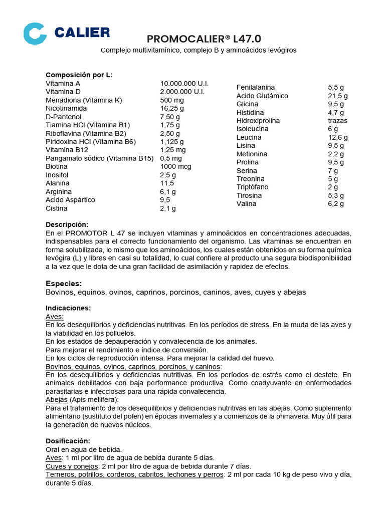 Promocalier L 47 Ficha Tecnica OK | PDF | Western Honey Bee | Aminoácidos