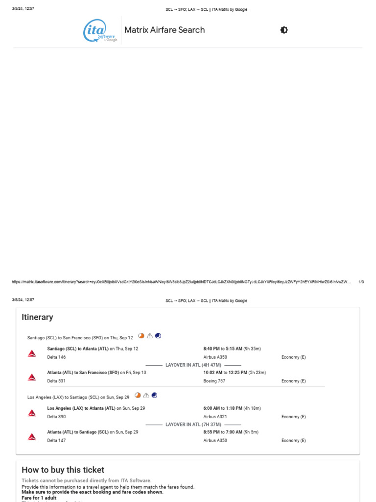 SCL SFO LAX SCL - ITA Matrix by Google | PDF | Delta Air Lines | San Francisco International Airport