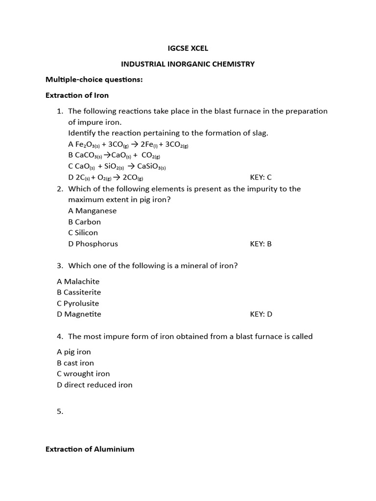 IGCSE Industrial Inorganic Chemistry Quiz | PDF | Iron | Aluminium Oxide