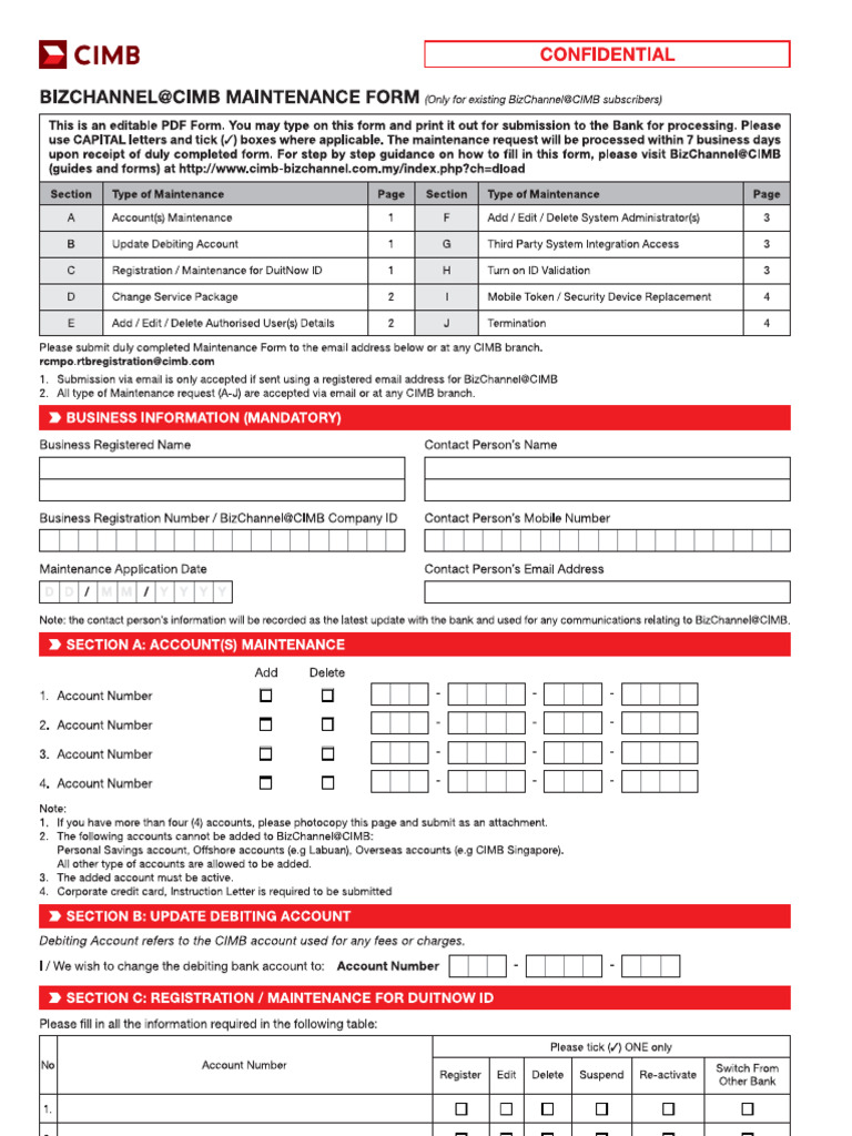 CIMB Biz Maintenance Form | PDF