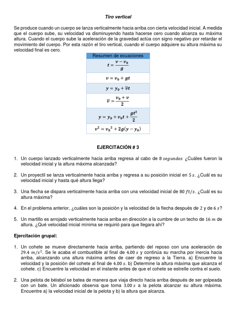 Tiro Vertical | PDF | Velocidad | Física Aplicada e Interdisciplinaria