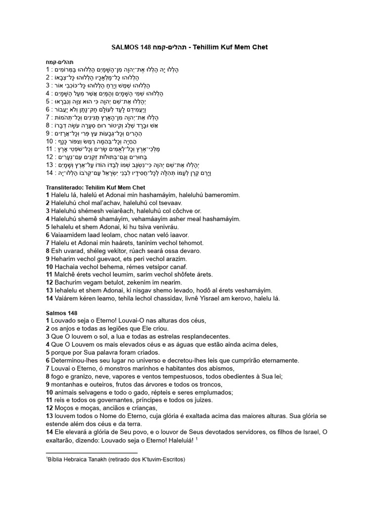 SALMOS 148 תהלים-קמח - Tehilim Kuf Mem Chet | PDF