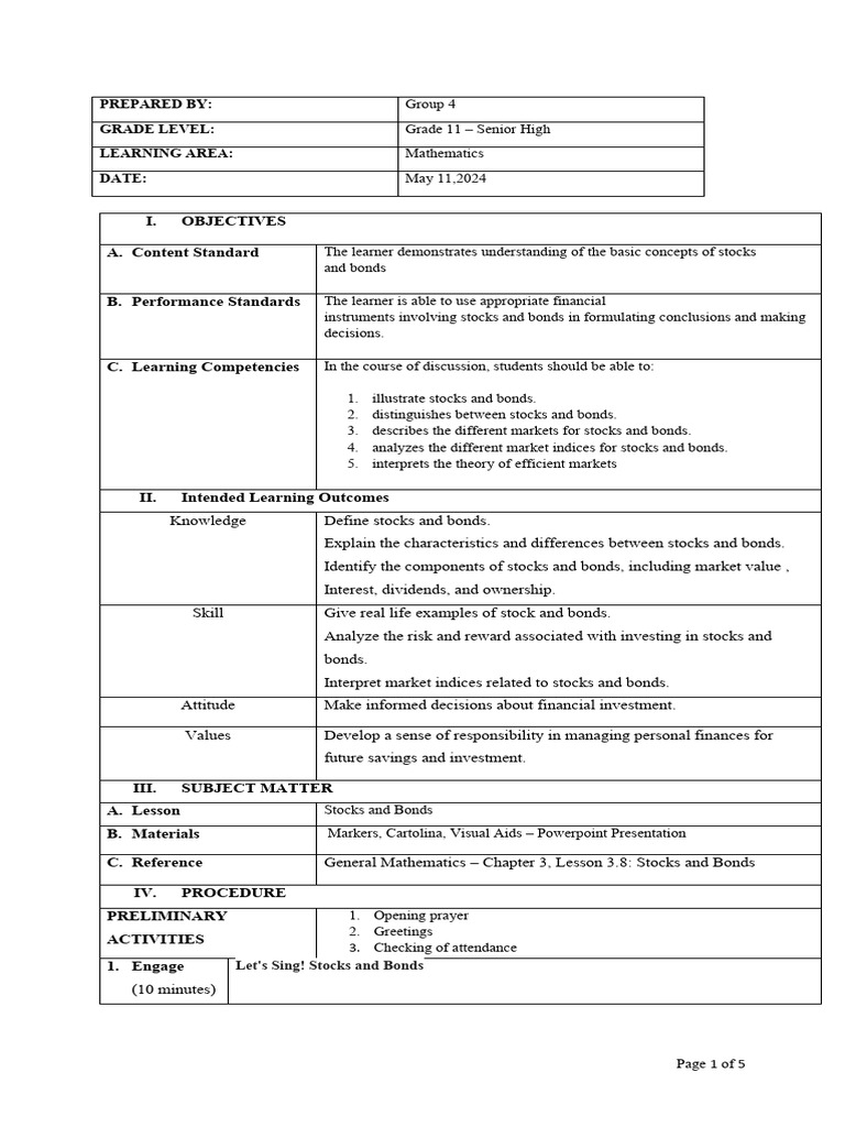 5E LESSON PLAN Stocks and Bonds | PDF | Stocks | Bonds (Finance)