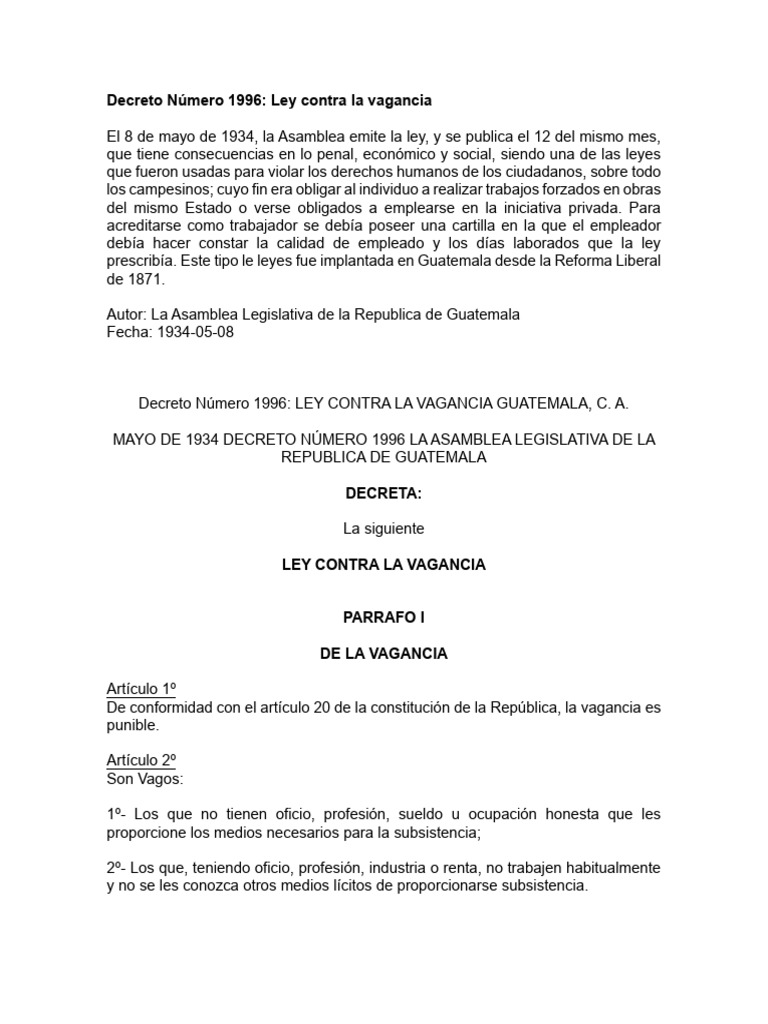Ley Contra La Vagancia Decreto 1996 | PDF | Apelación | Sentencia (ley)