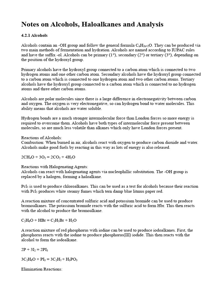 Notes on Alcohols, Haloalkanes and Analysis | PDF | Functional Group ...
