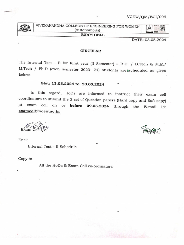 II Sem - Ug and PG Internal Test Revised Circular | PDF
