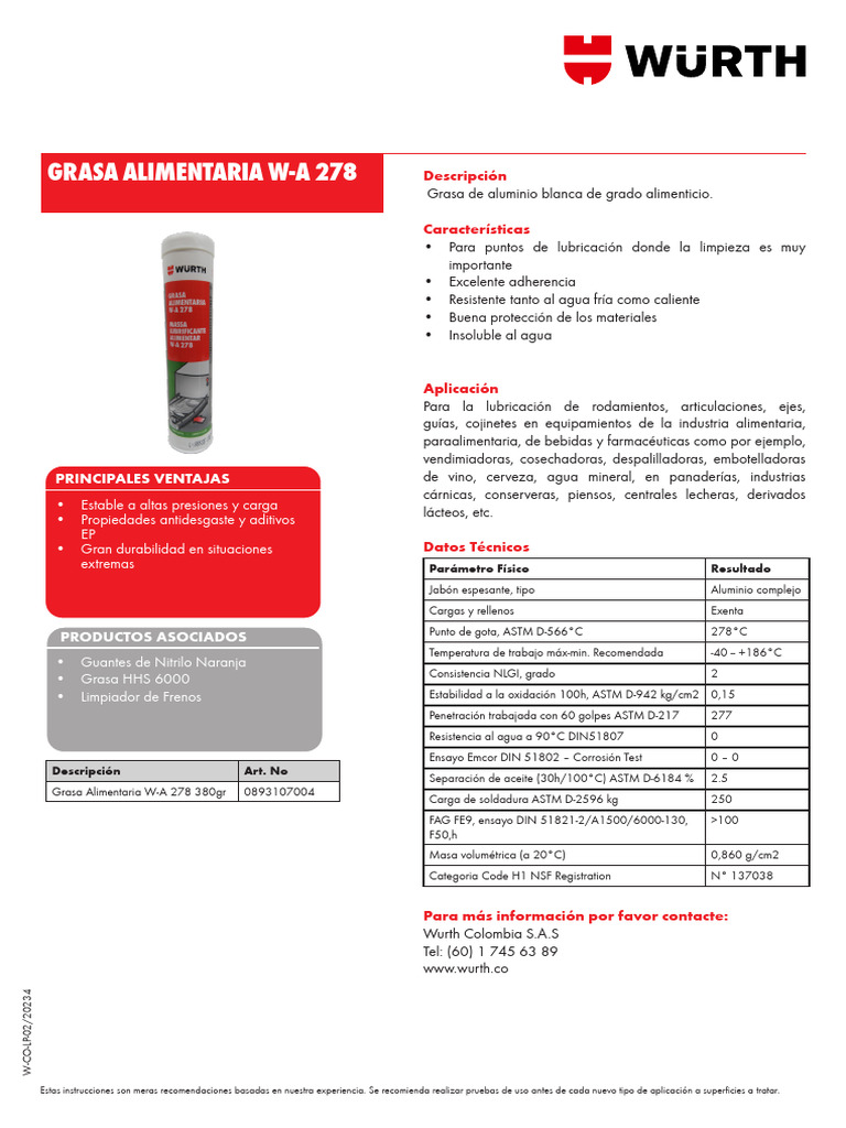 Grasa Alimentaria W-A 278 para Altas Cargas | PDF | Sustancias químicas ...