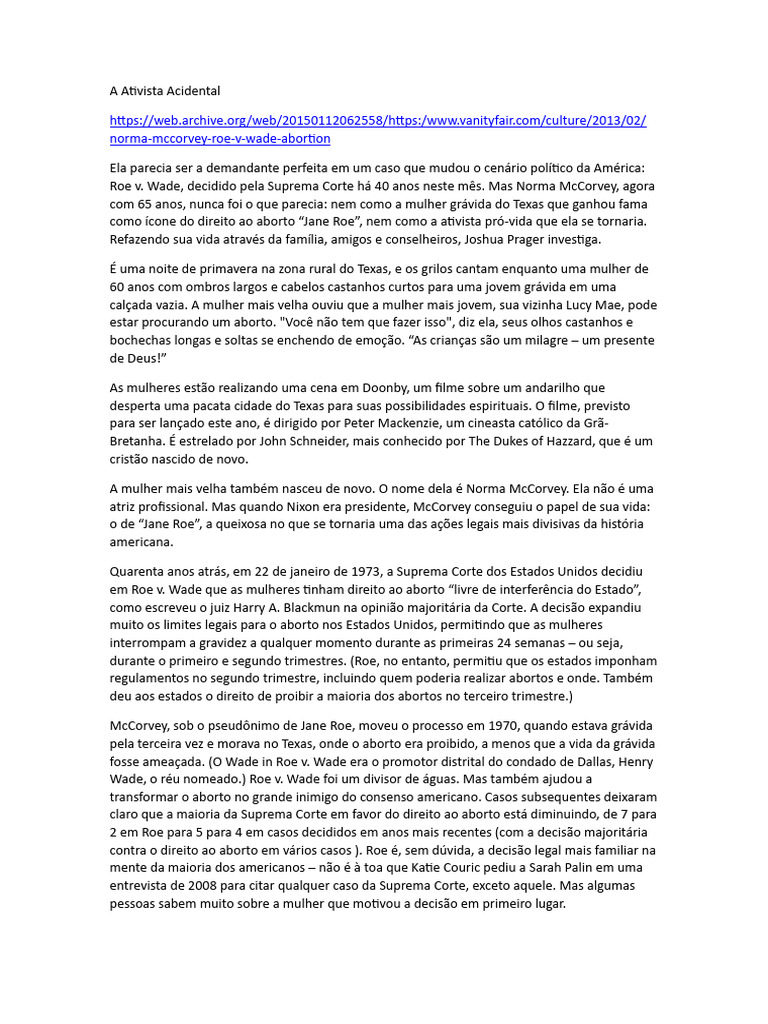 Norma McCorvey: A Verdadeira Jane Roe | PDF | Roe contra Wade | Aborto
