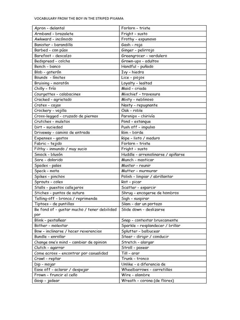 Vocabulario de "El niño con el pijama de rayas" | PDF