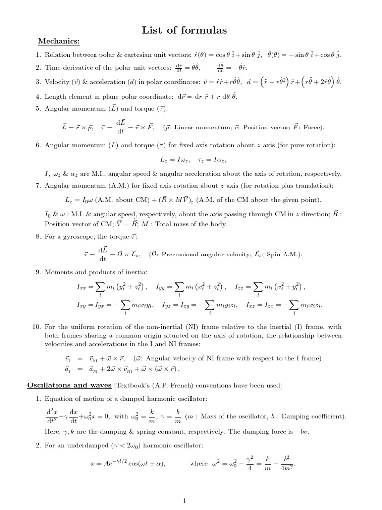 Formula_sheet_compre | PDF | Waves | Torque